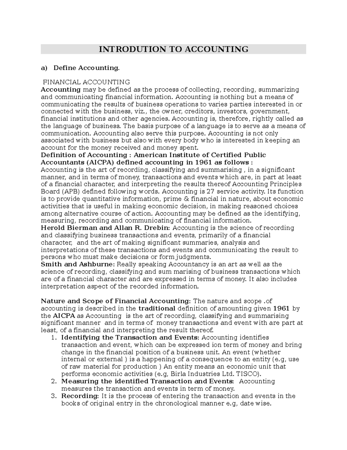 Nature, purpose and scope of accounting - INTRODUTION TO ACCOUNTING a ...