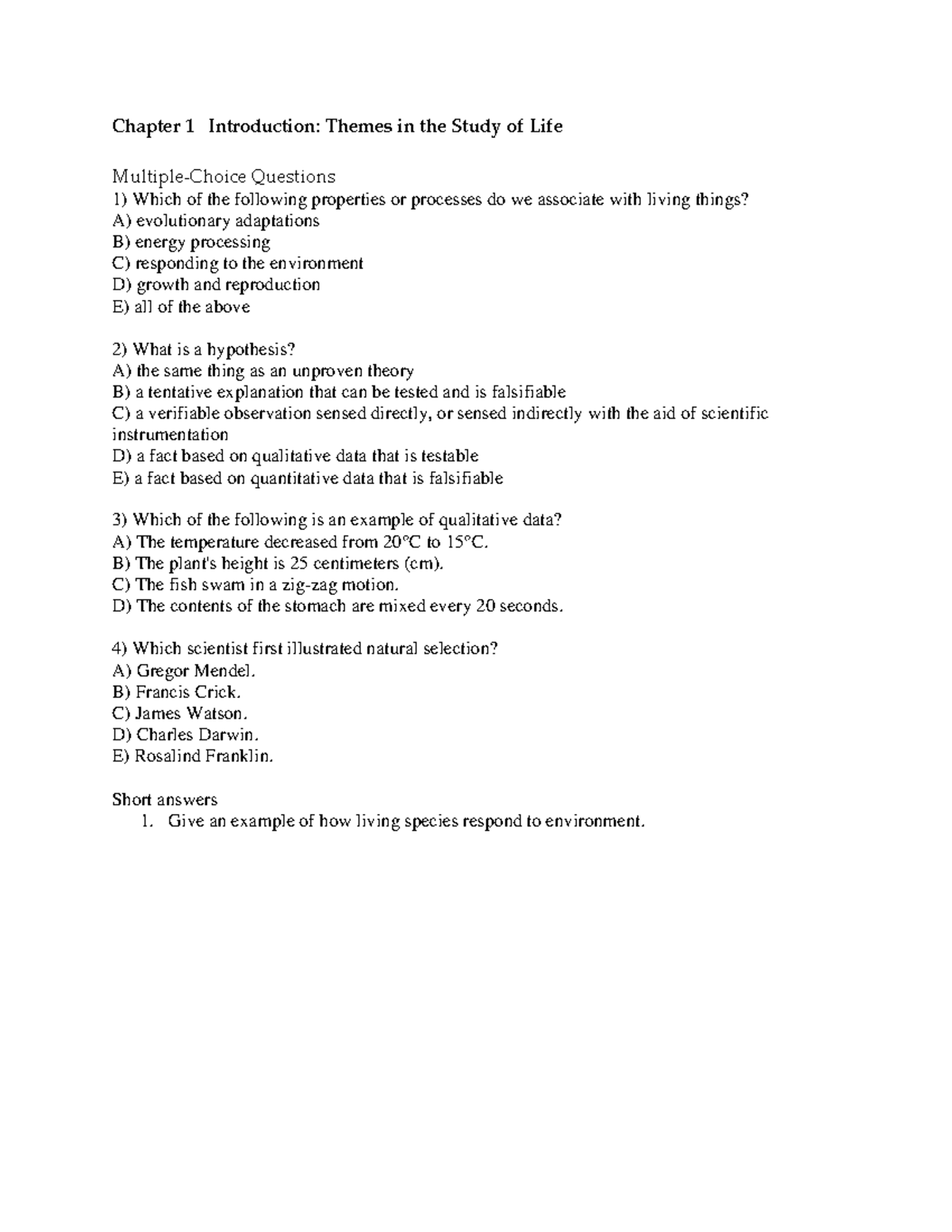 Homework 1 - Practice exercise for chapter 1 of Campbell Biology ...