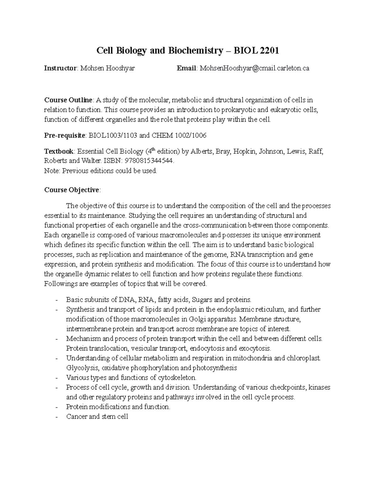 Fall 2019- Cell Biology and Biochemistry - Cell Biology and ...