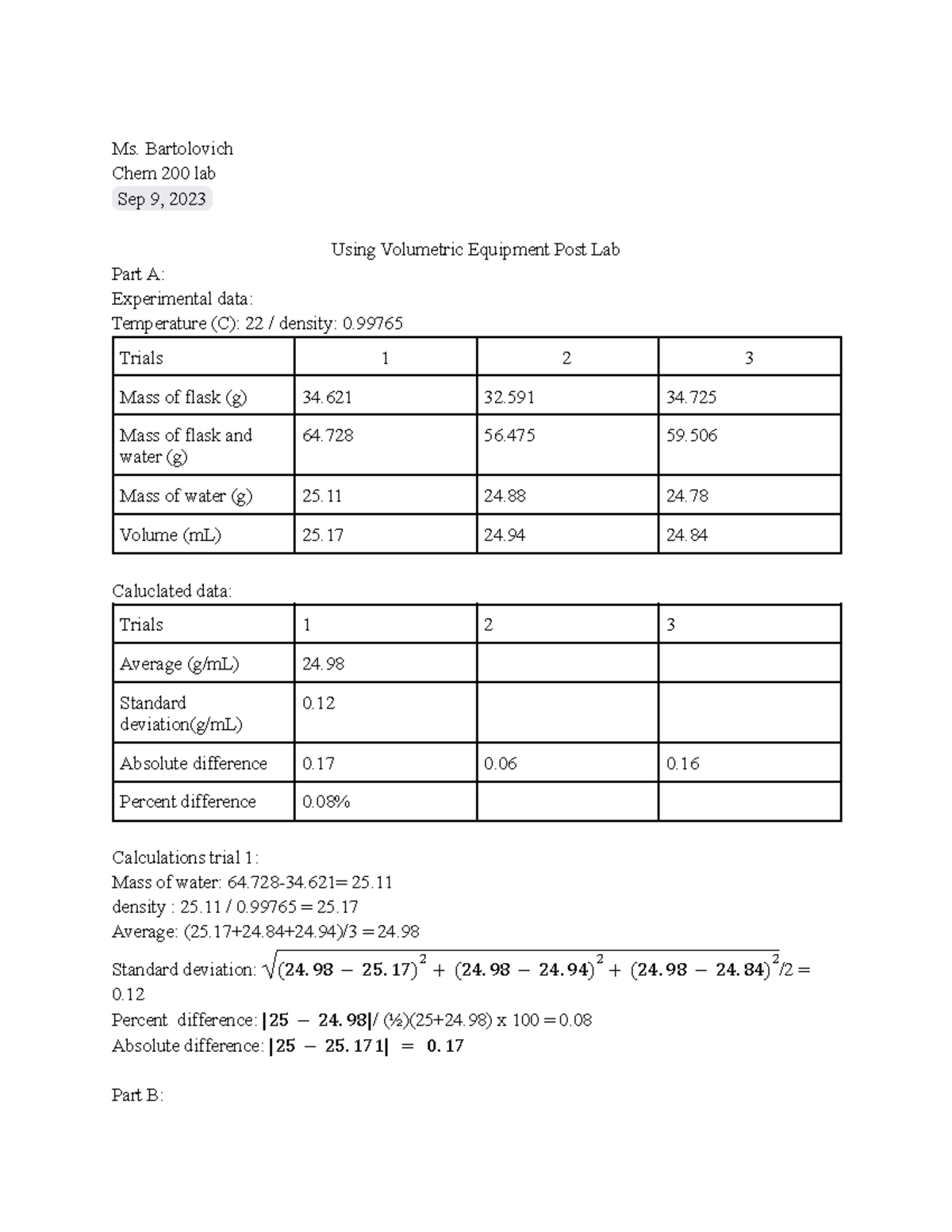 Chem 200 lab #3 post lab - Ms. Bartolovich Chem 200 lab Sep 9, 2023 ...