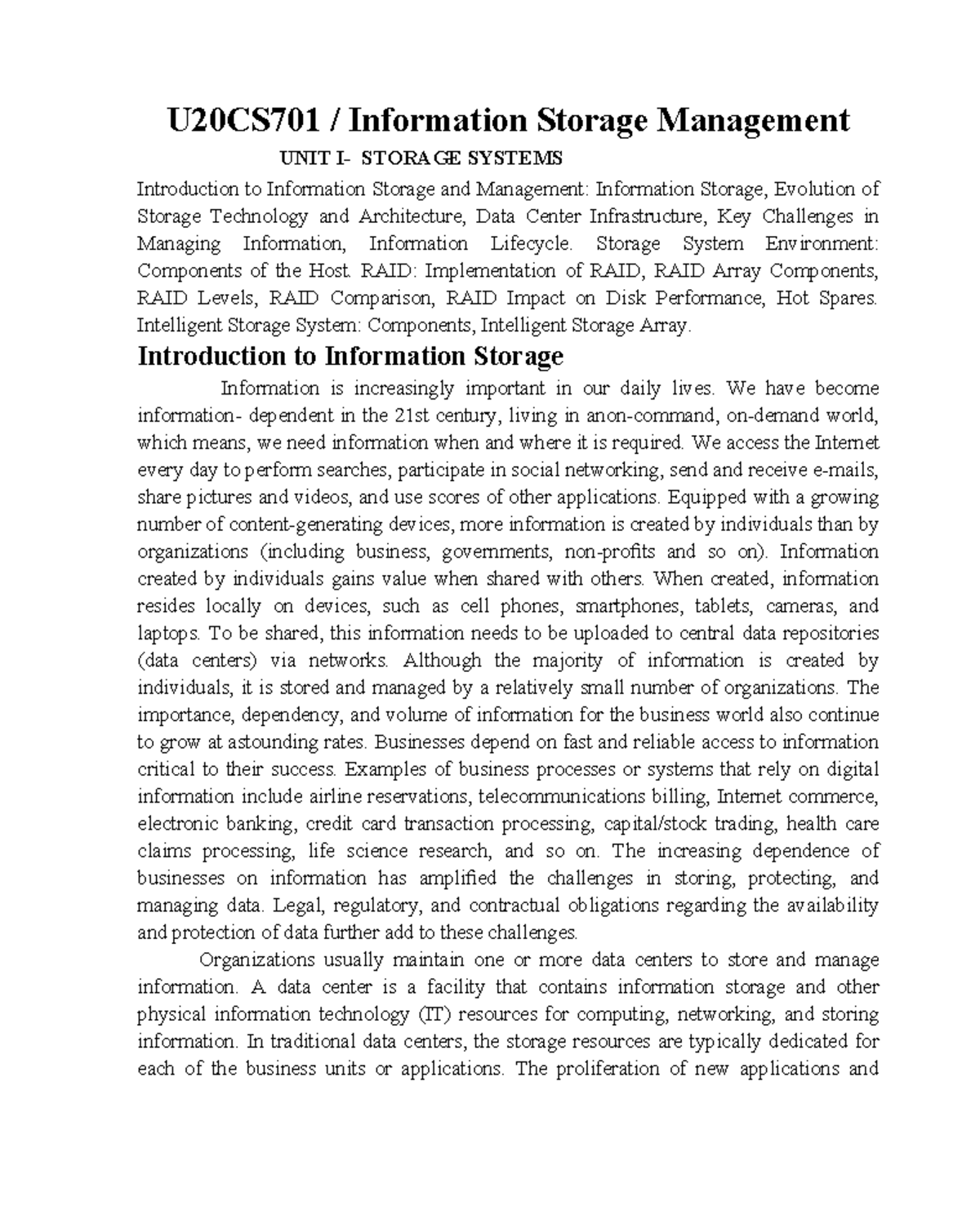 ISM UNIT 1 - unit 1 - U20CS701 / Information Storage Management UNIT I- STORAGE SYSTEMS ...