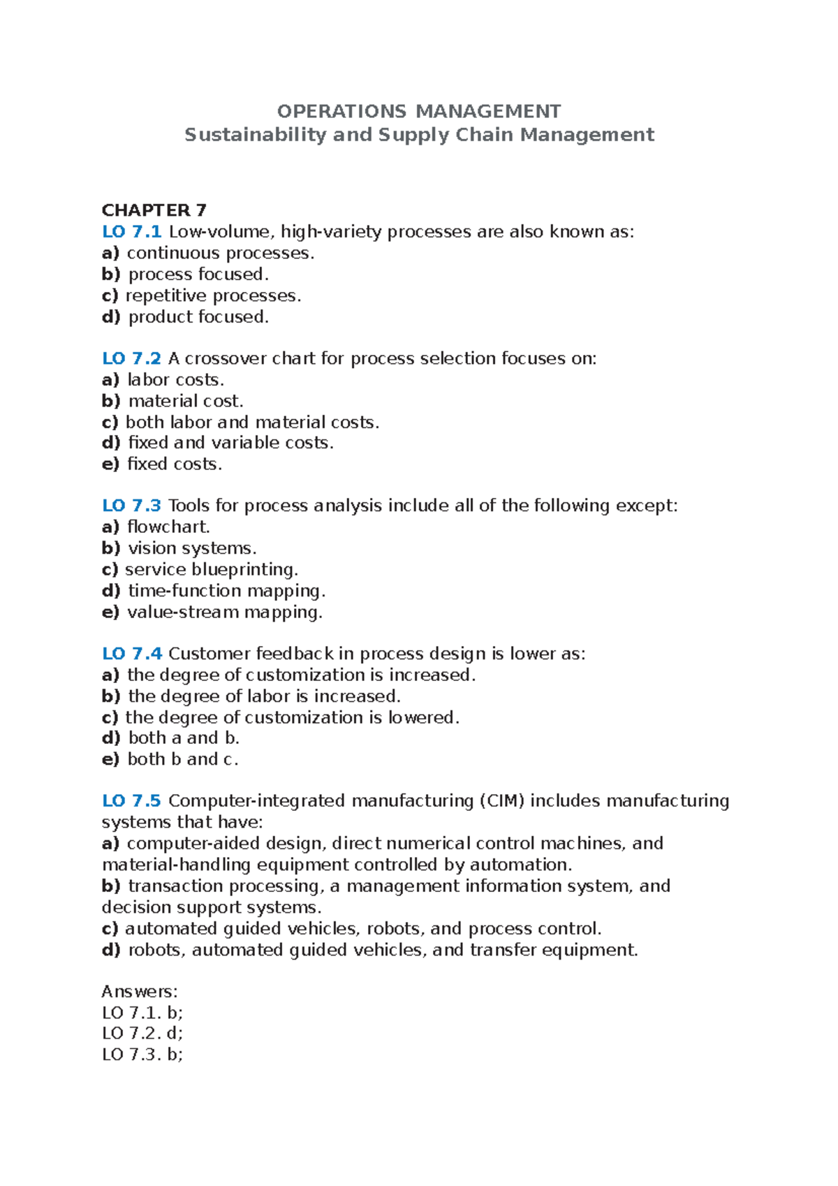 Questions & Answers Chapter 7- Process Strategies - OPERATIONS ...