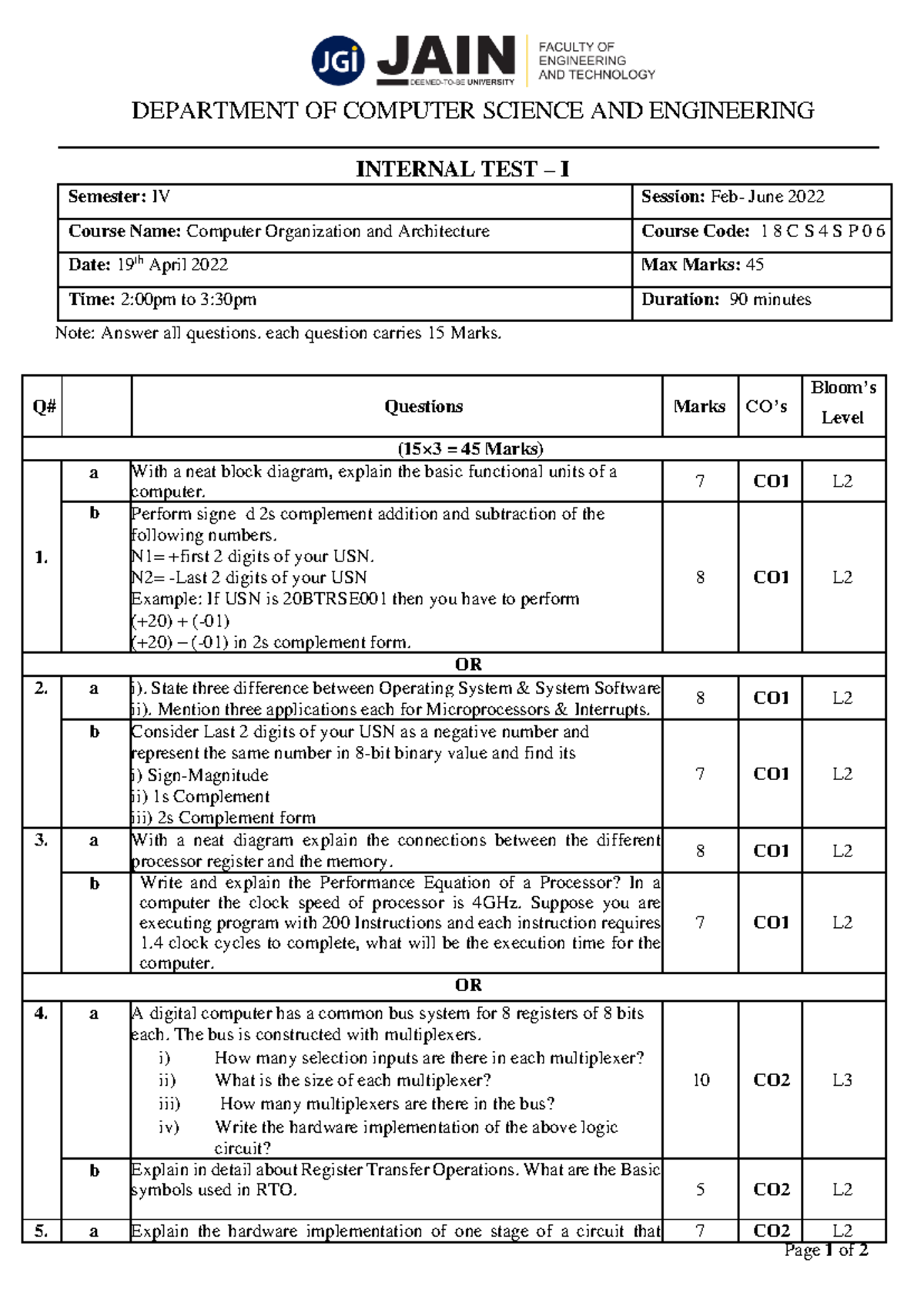 Internal TEST – I - Page 1 of 2 DEPARTMENT OF COMPUTER SCIENCE AND ...