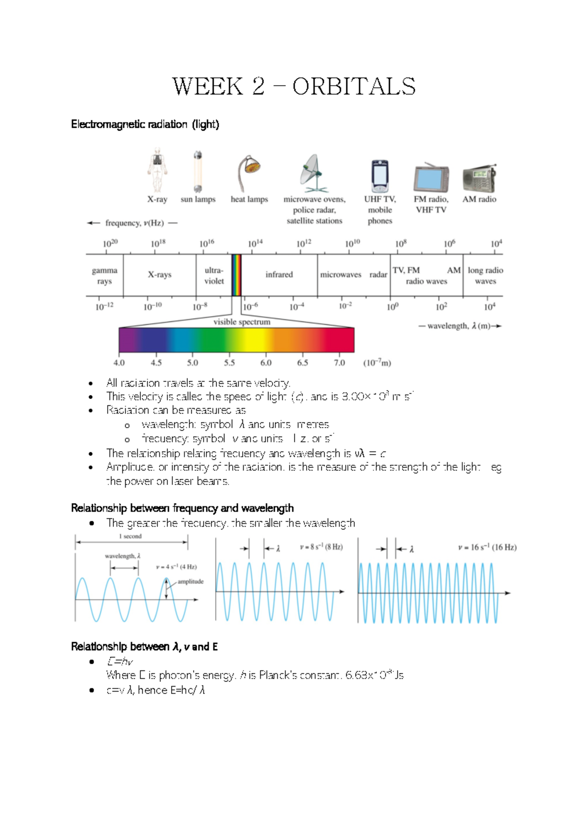 WEEK 2 Notes - WEEK 2 – ORBITALS Electromagnetic radiation (light) All ...