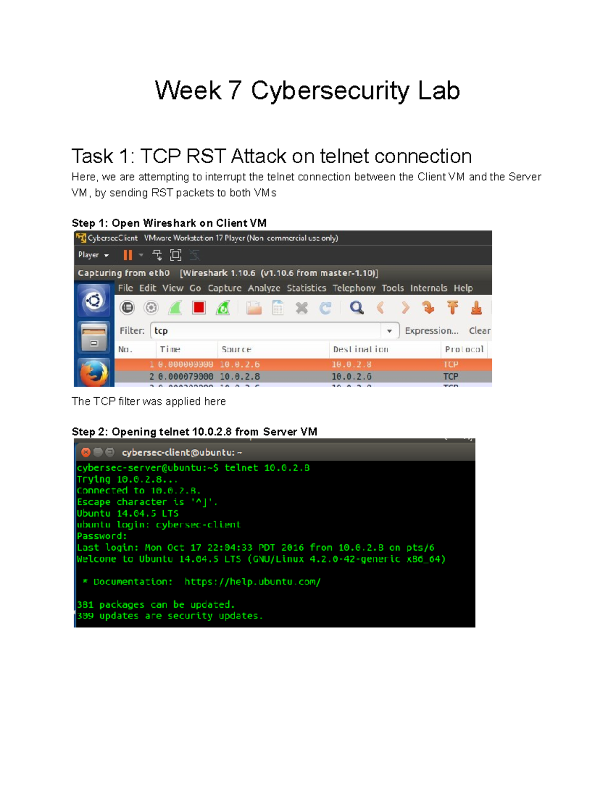 WEEK 7 LAB 2024 - Week 7 Cybersecurity Lab Task 1: TCP RST Attack on telnet connection Here, we ...
