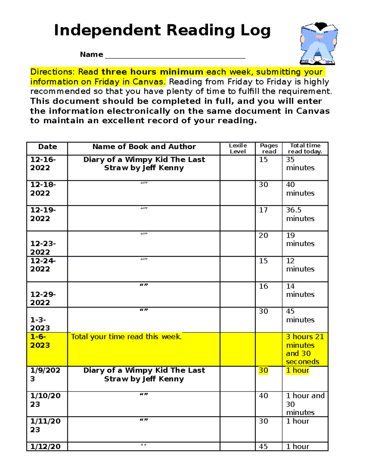 January 2023 reading log - Independent Reading Log Name
