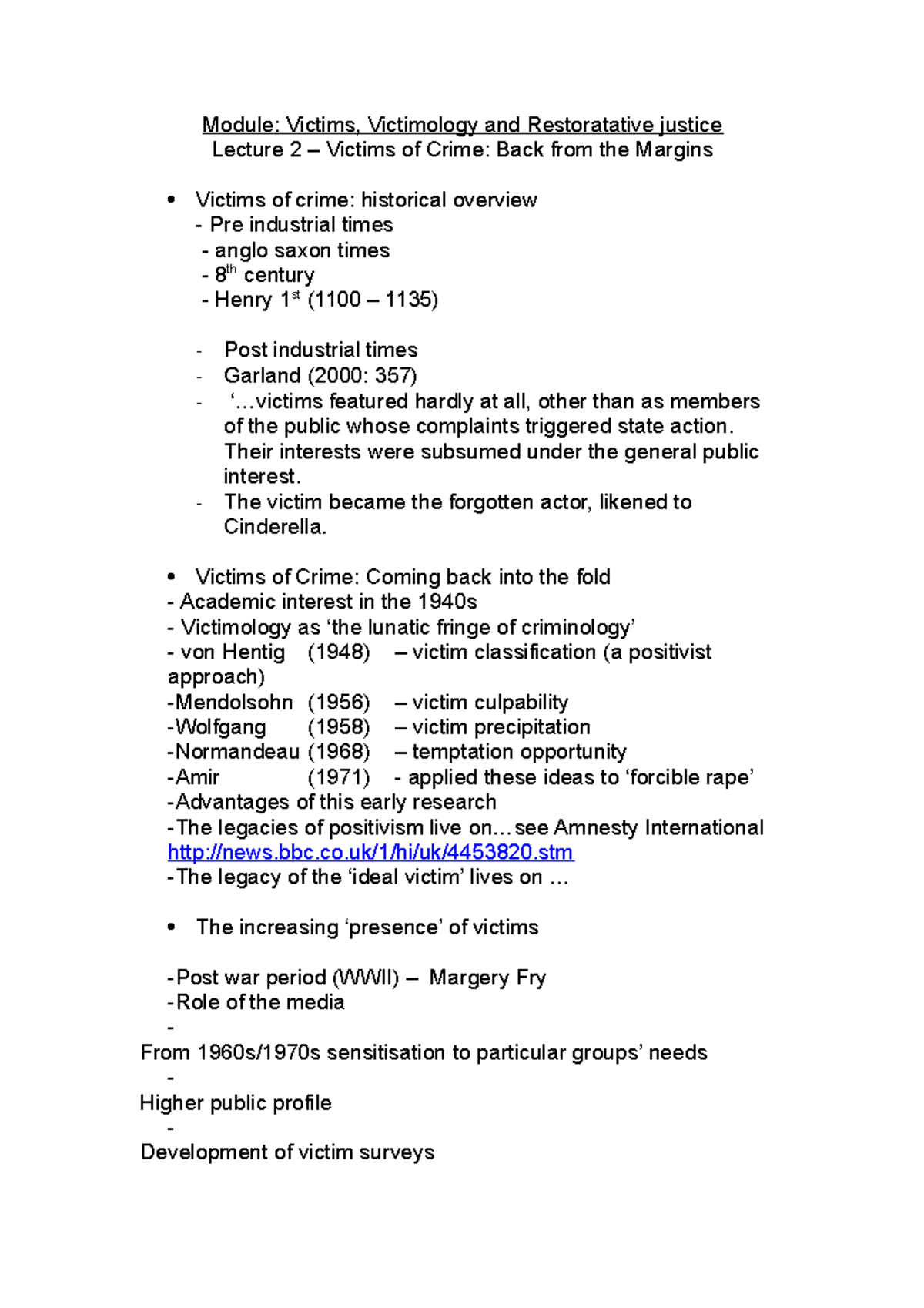 Lecture 2 - Victims, Victimology and Restorative Justice. Lecture notes ...
