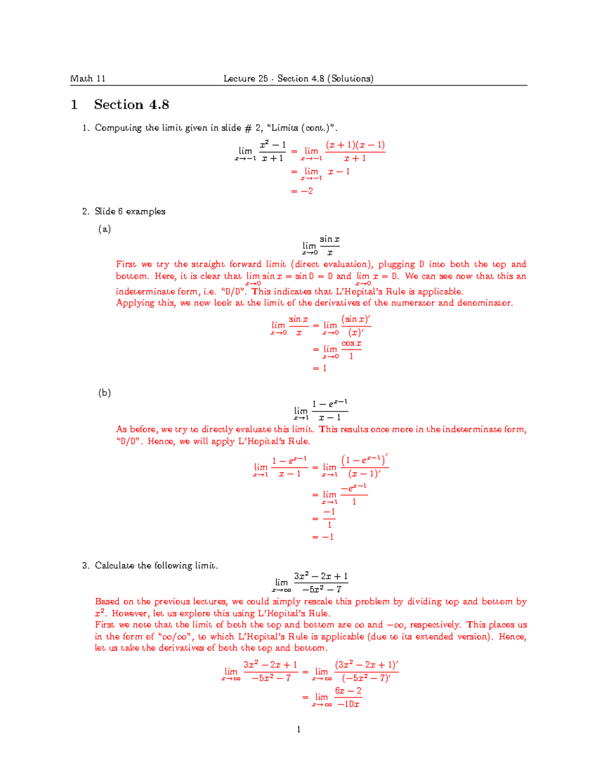Lecture 25 solutions - 1 Section 4. Computing the limit given in slide # 2, “Limits (cont ...
