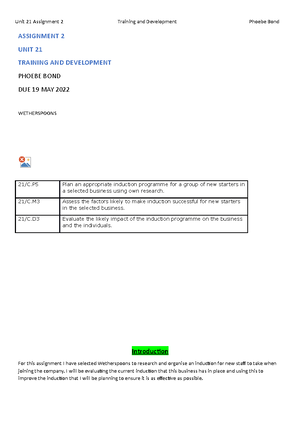 Assignment 1 unit 21 - acheived distinction - Unit 21 – Training and Development Assignment 1 J ...