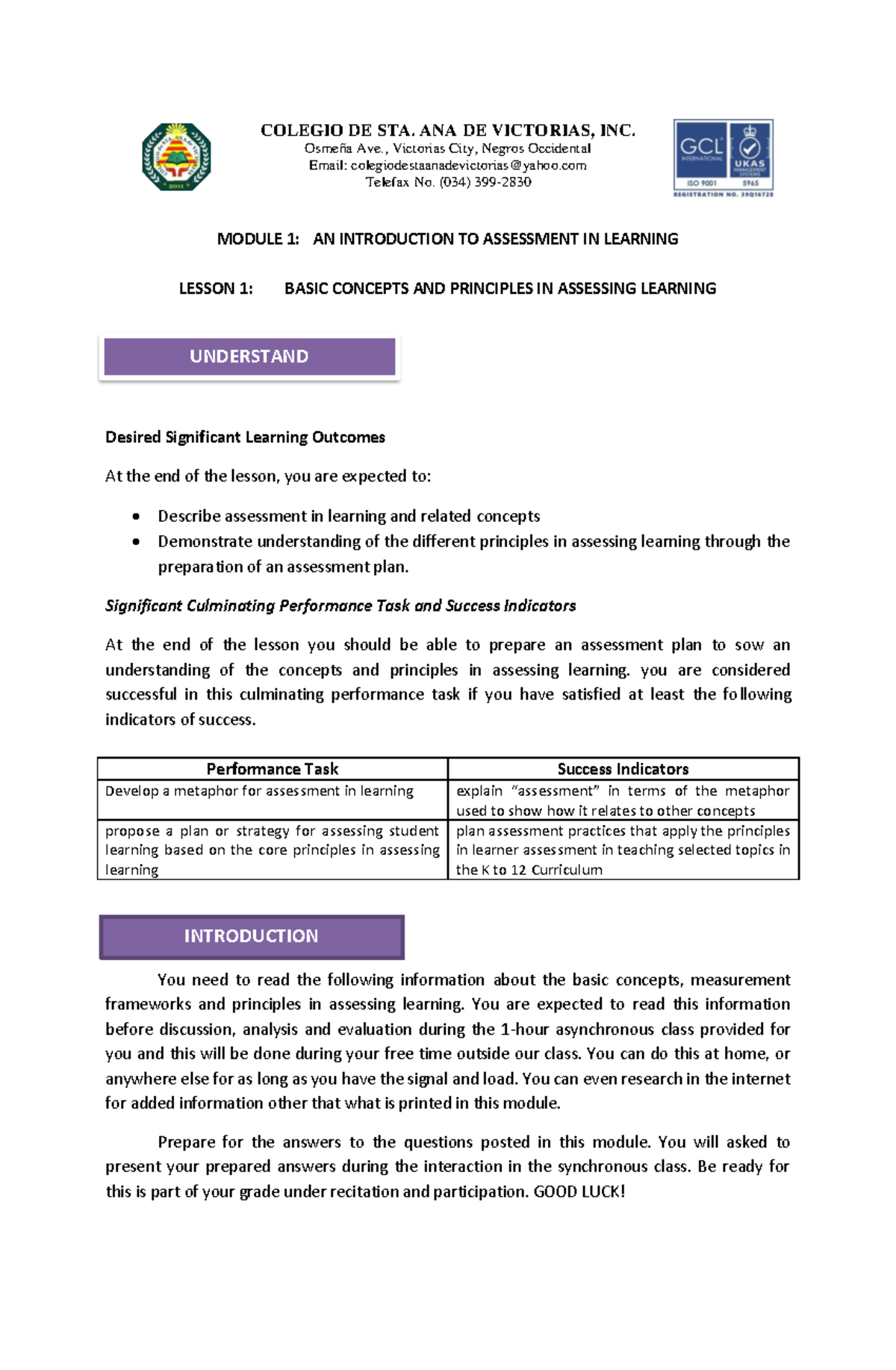Module 1 Lesson 1 Basic Concepts and Principles in Assessing Learning ...