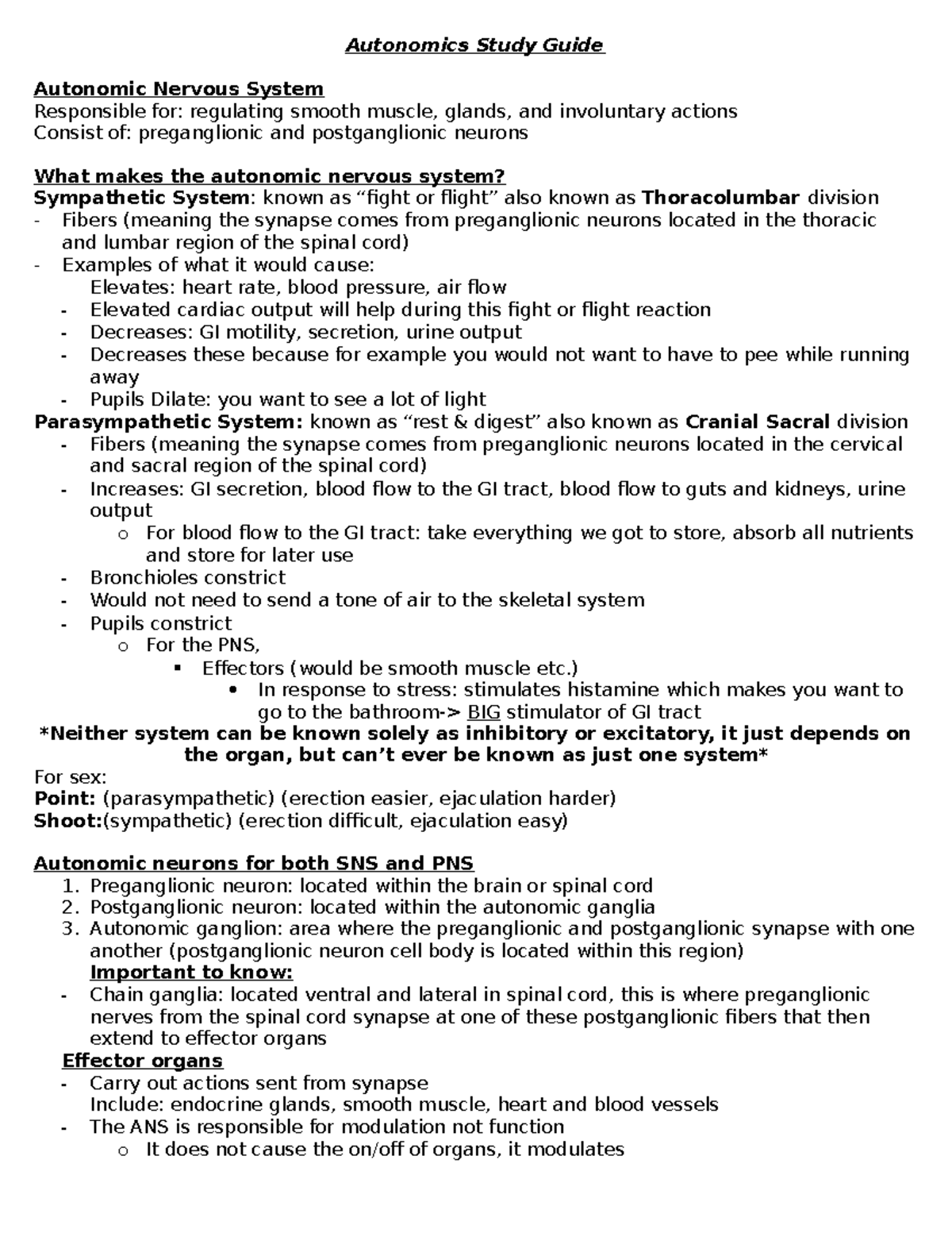 Autonomics Overview - Autonomics Study Guide Autonomic Nervous System ...