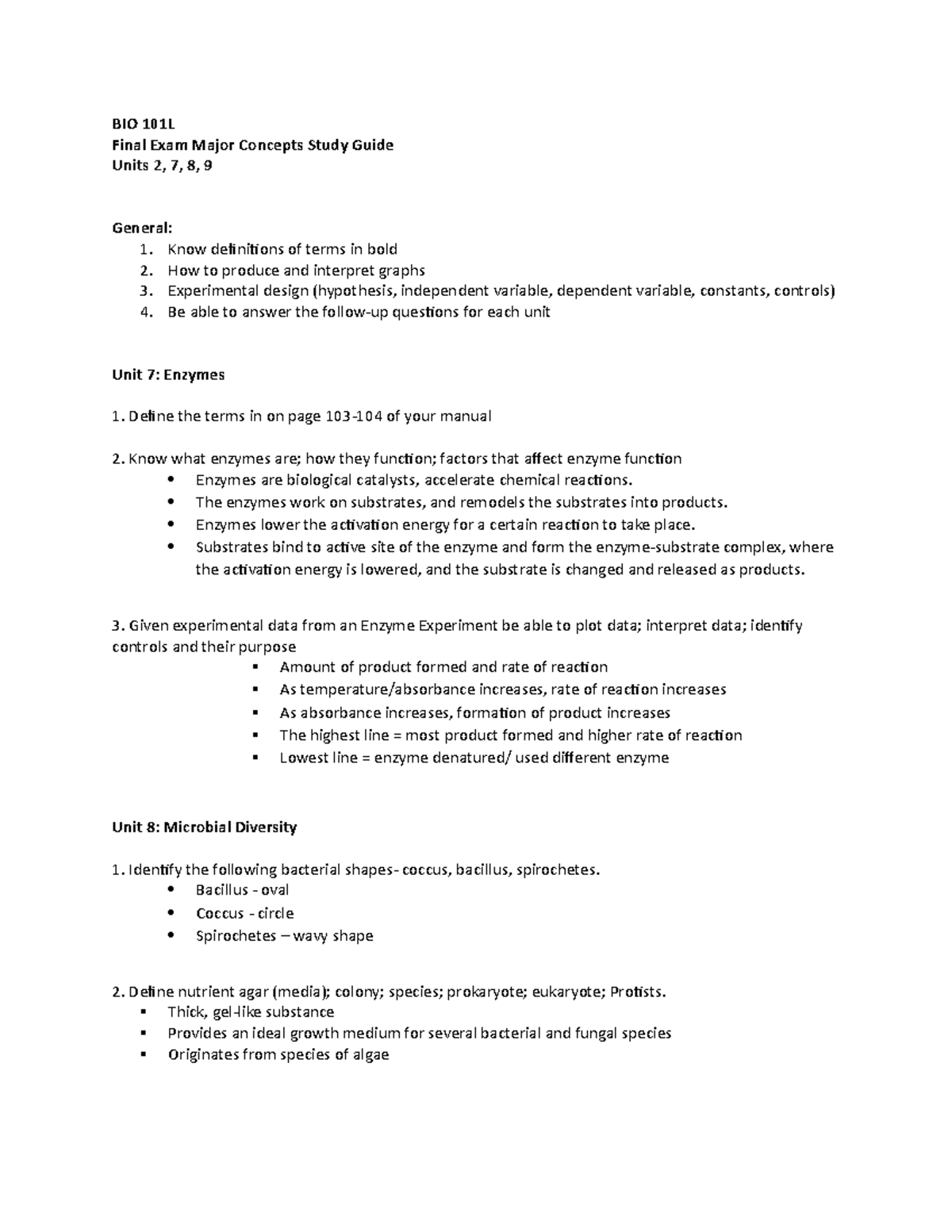 Final Exam Study Guide - Units 2, 7, 8, 9 - BIO 101L Final Exam Major ...