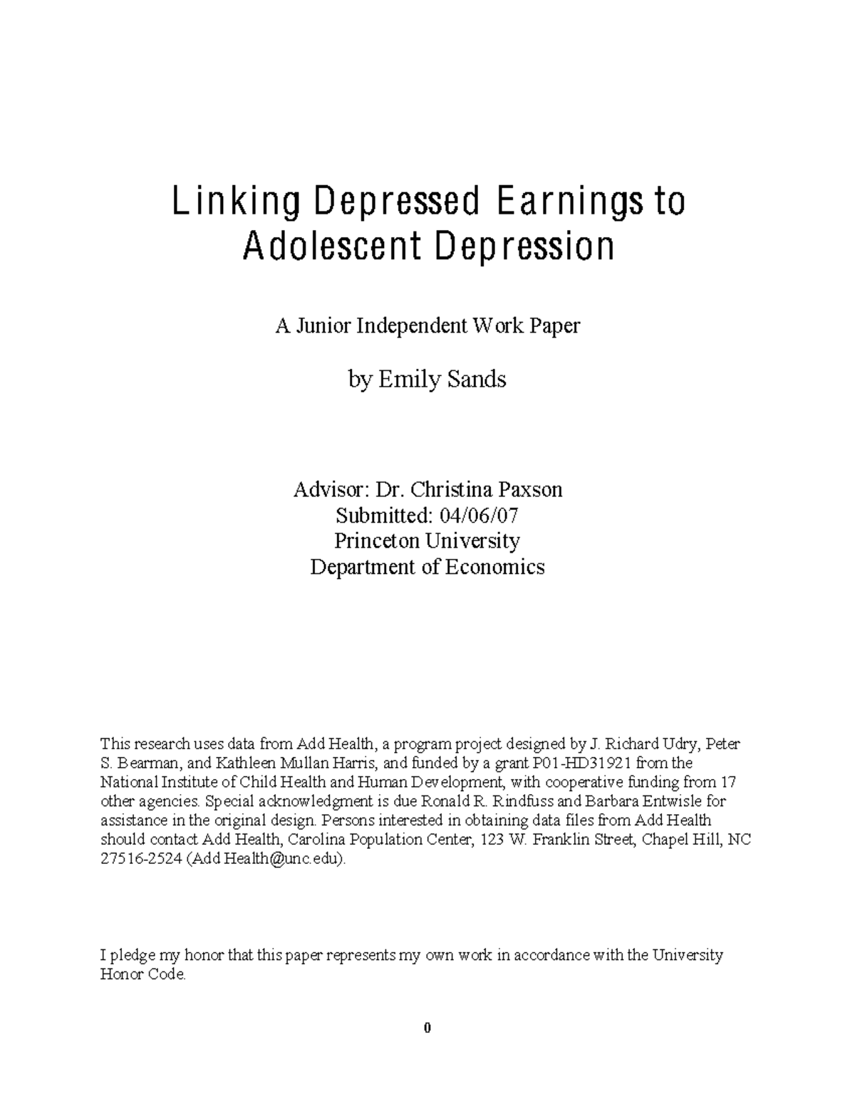Adolescent Depression paper - L in k ing Dep ressed E ar nings to A ...