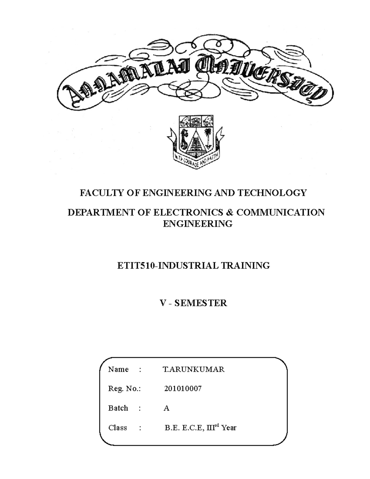 Intership report front page fd - FACULTY OF ENGINEERING AND TECHNOLOGY ...