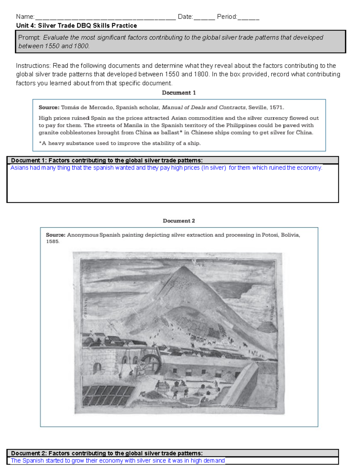 Unit 4 Silver Trade DBQ Practice Digital Learning Ver - Name