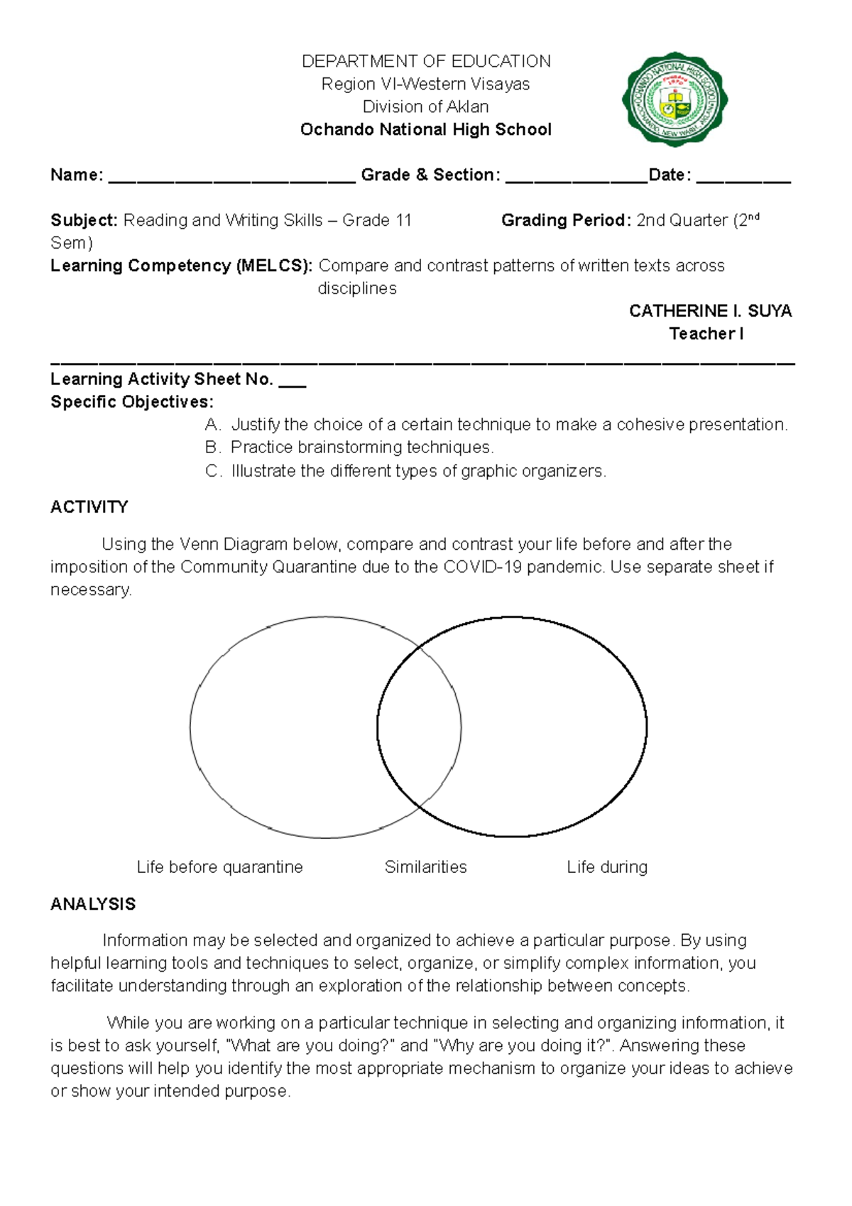 LEARNING ACTIVITY SHEET - DEPARTMENT OF EDUCATION Region VI-Western ...