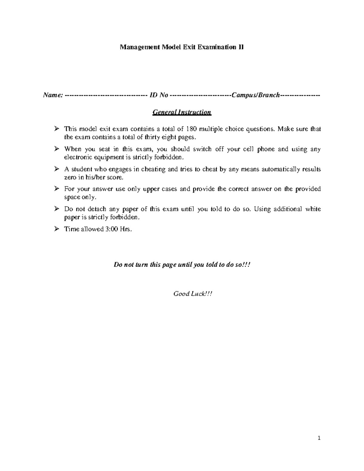 Management Model Exit Examination II (1) (1).pdf - Management Model Exit Examination II Name ...