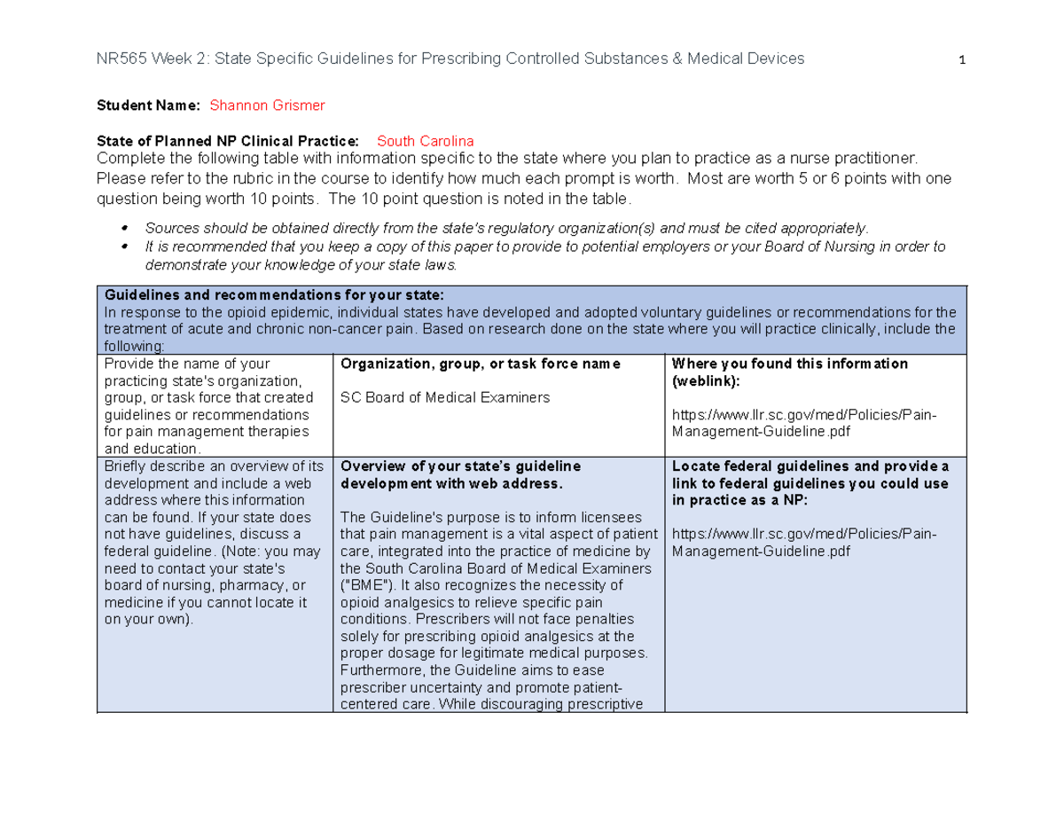 Week 2 State Guidelines - Student Name: Shannon Grismer State of ...