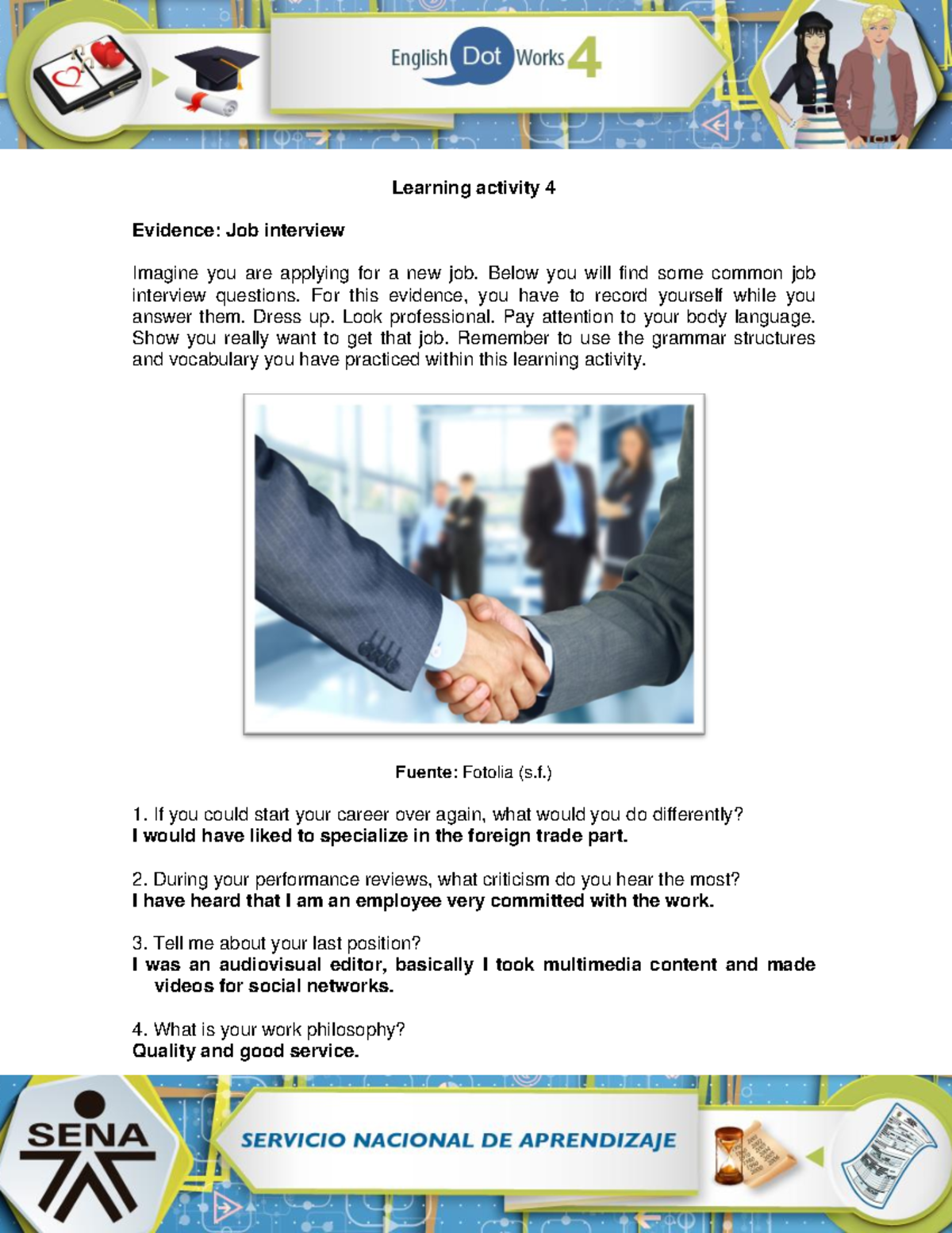 Evidence Job interview - Learning activity 4 Evidence: Job interview ...