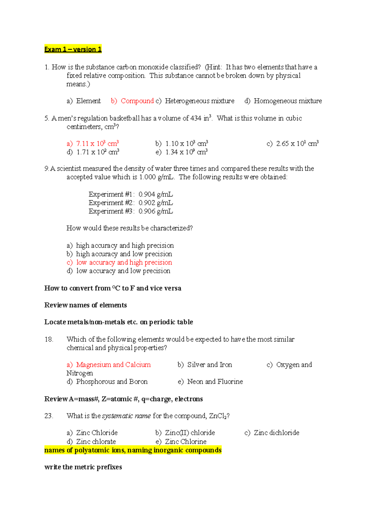 CHEM-review - Good review questions for final exam. - Exam 1 – version ...