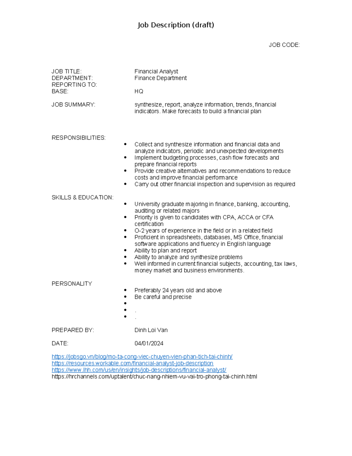 JD-Template - job description - Job Description (draft) JOB CODE: JOB ...