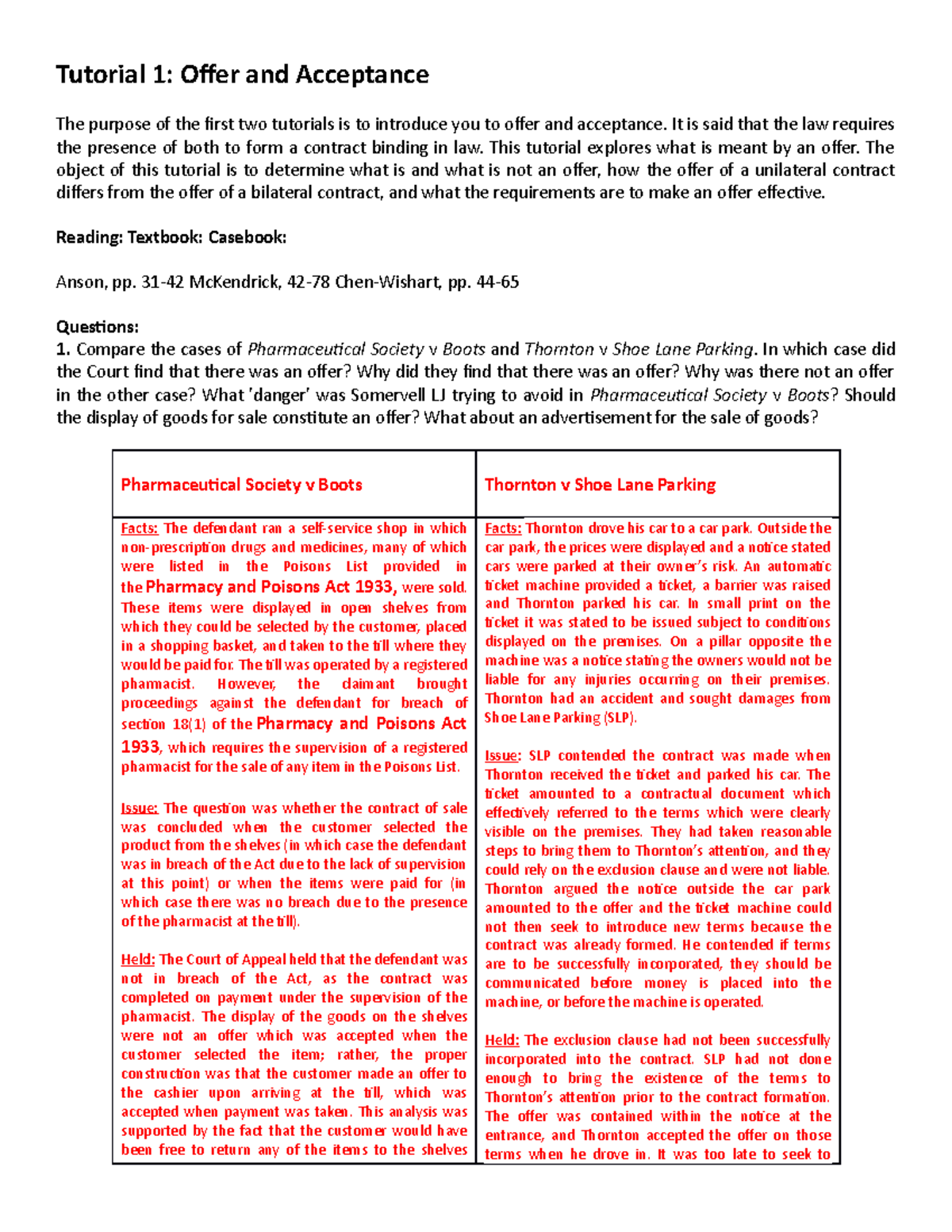 Contract Law Tutorial Notes - Tutorial 1: Offer and Acceptance The ...