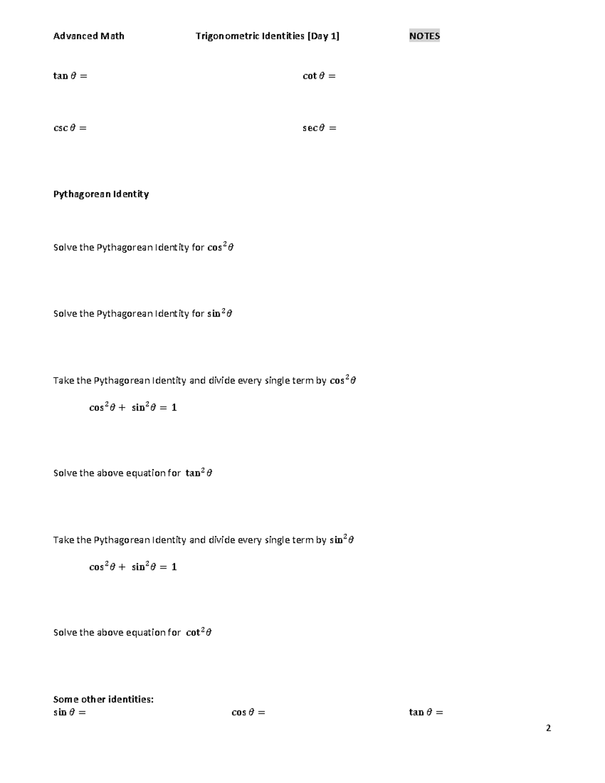 Trig+Identities+Notes+ - Advanced Math Trigonometric Identities [Day 1 ...