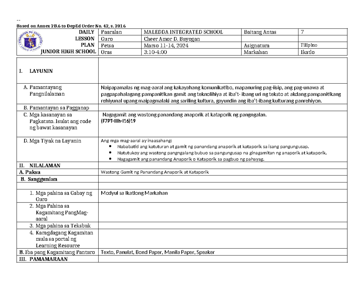 Anaporik o kataporik DLP - Based on Annex 2B to DepEd Order No. 42, s ...
