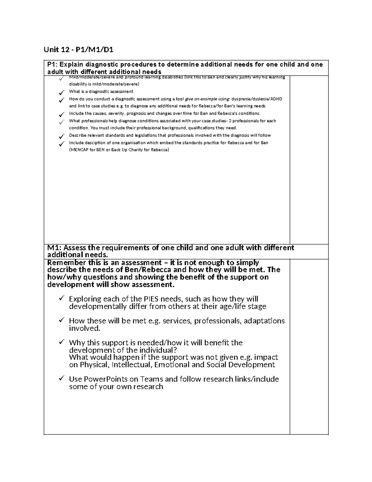Unit 12 - P1M1D1 checklist - Unit 12 - P1/M1/D P1: Explain diagnostic ...