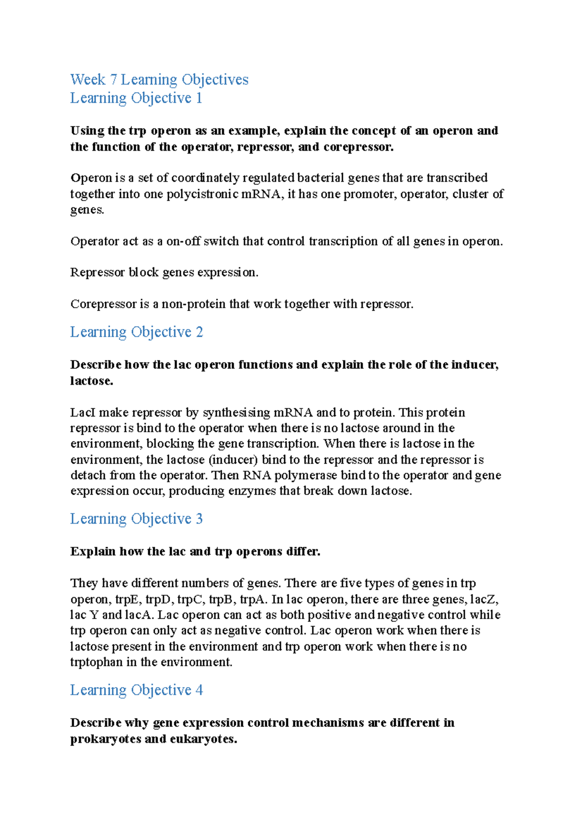 Genes and Diseases - Week 7 Learning Objectives Learning Objective 1 Using the trp operon as an ...