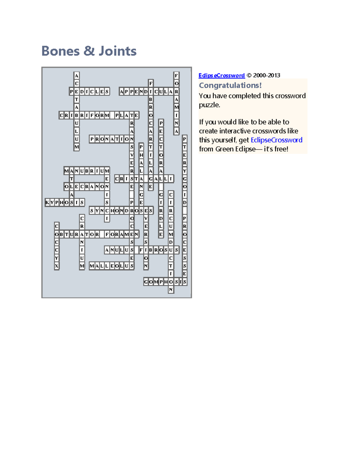 Bones & Joints Puzzle 2 - Bones & Joints A F C F O P E D I C L E S A P ...