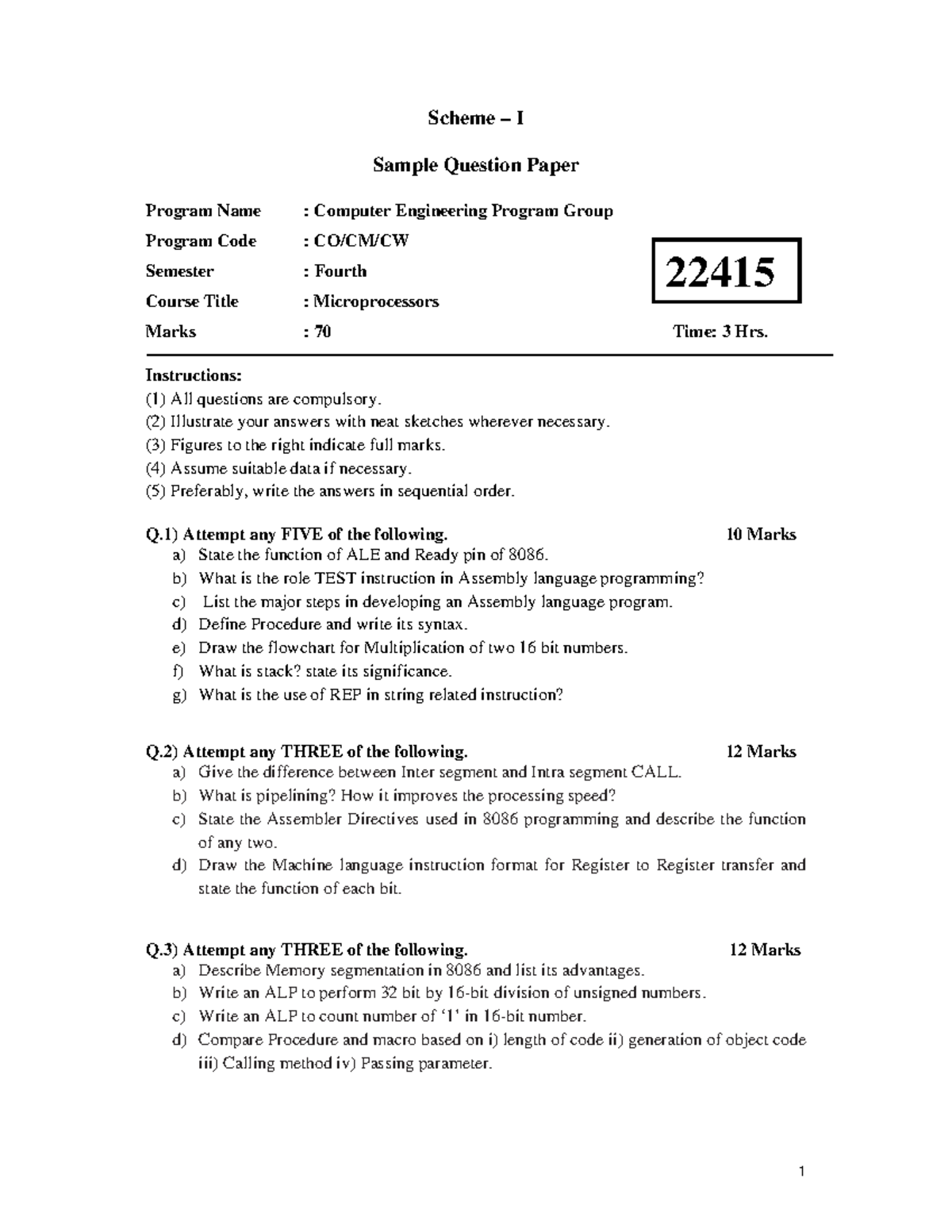 22415 -sample-question-paper- Microprocessor - Scheme – I Sample Question Paper Program Name ...