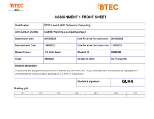 43-Io T.Assignment 2 frontsheet 2018-2019 - ASSIGNMENT 3 FRONT SHEET Qualification BTEC Level 5 ...