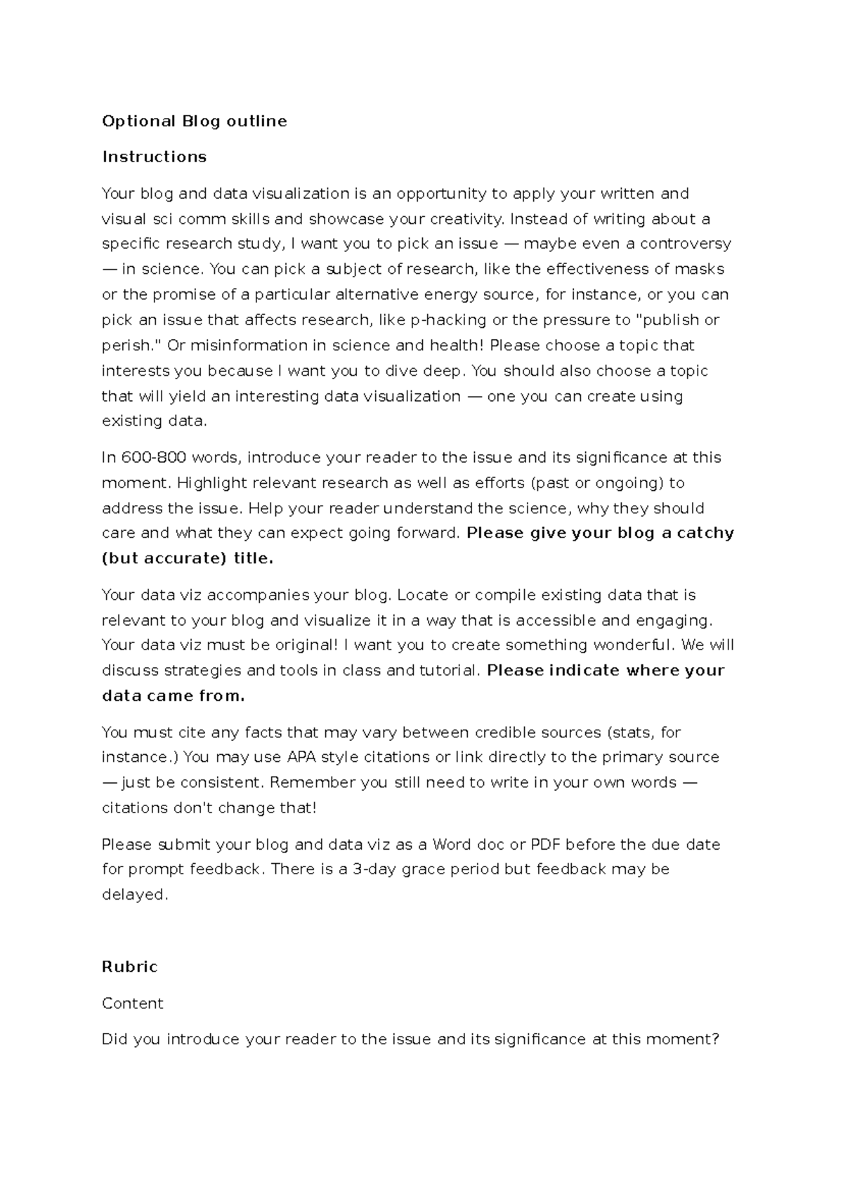 Blog and data viz - Blog and data viz - Optional Blog outline ...
