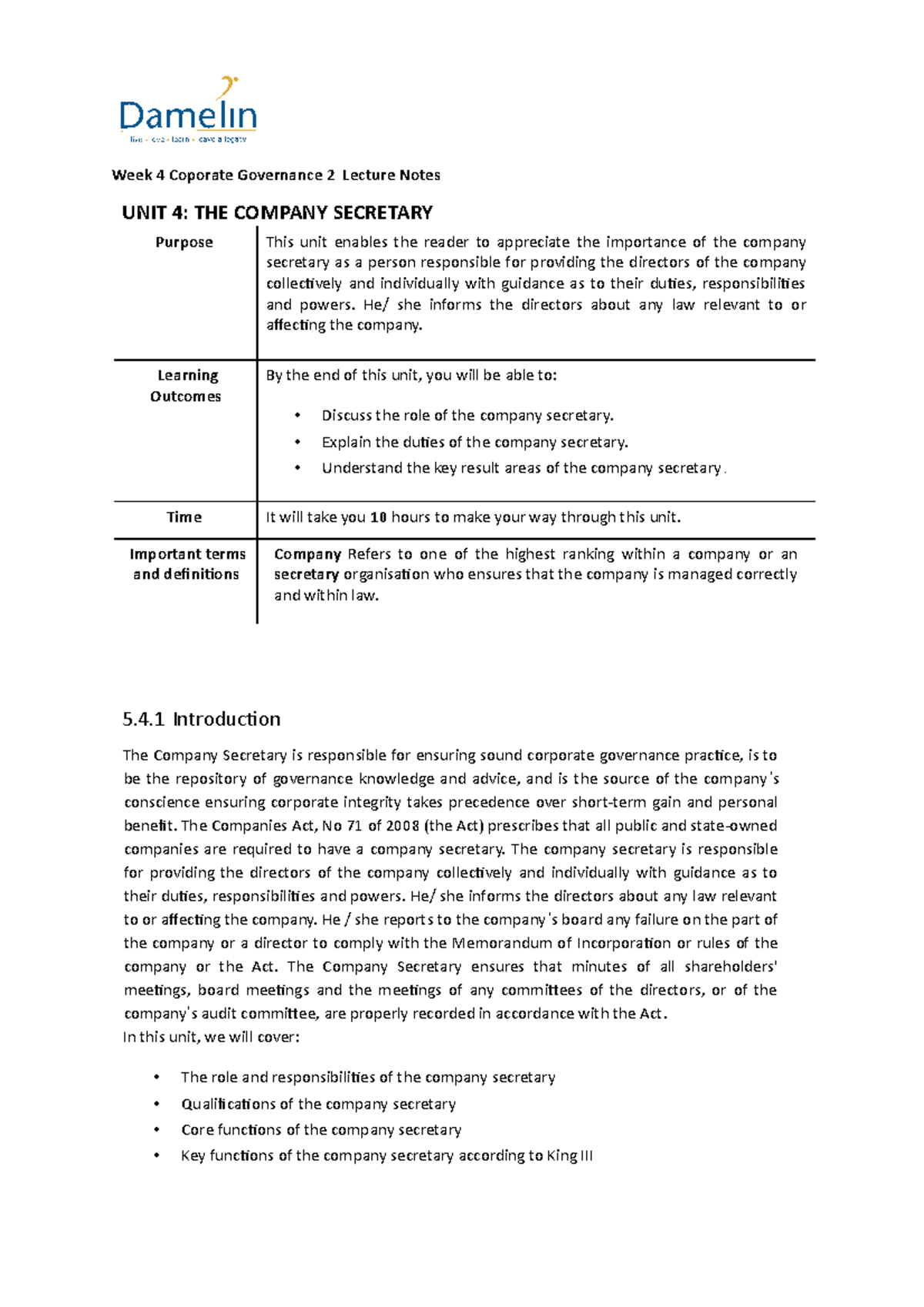 THE COMPANY SECRETARY - Week 4 Coporate Governance 2 Lecture Notes UNIT ...