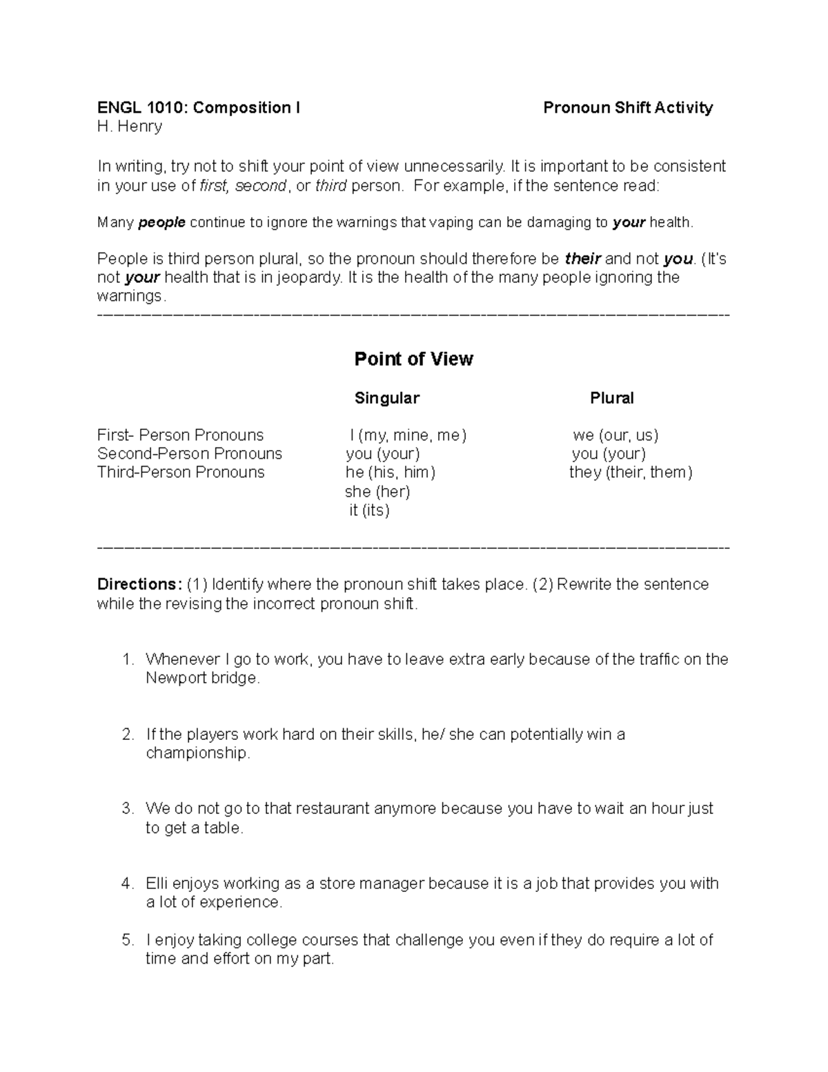ENGL 1010 Pronoun Shift Activity - ENGL 1010 - CCRI - Studocu