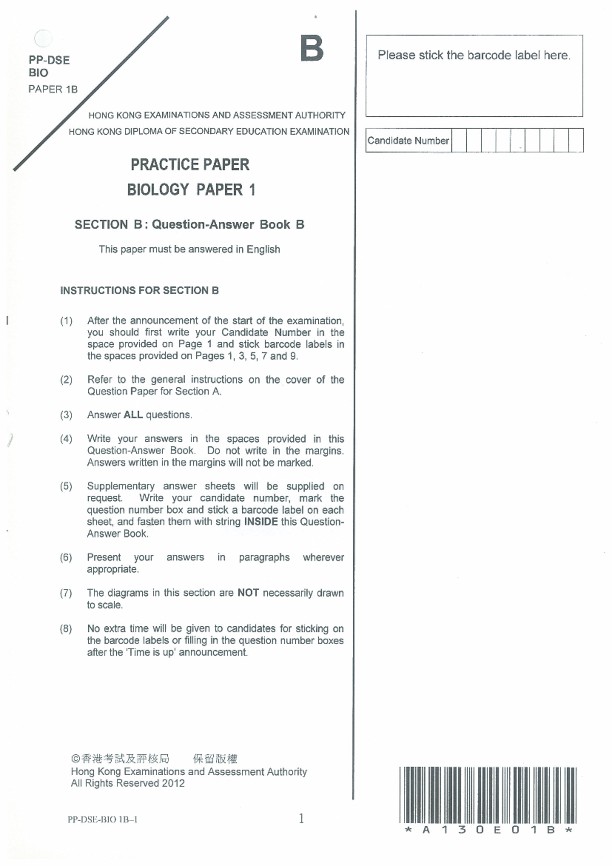 2011 DSE Biology Practice Paper 1B - Biological Sciences Laboratory ...