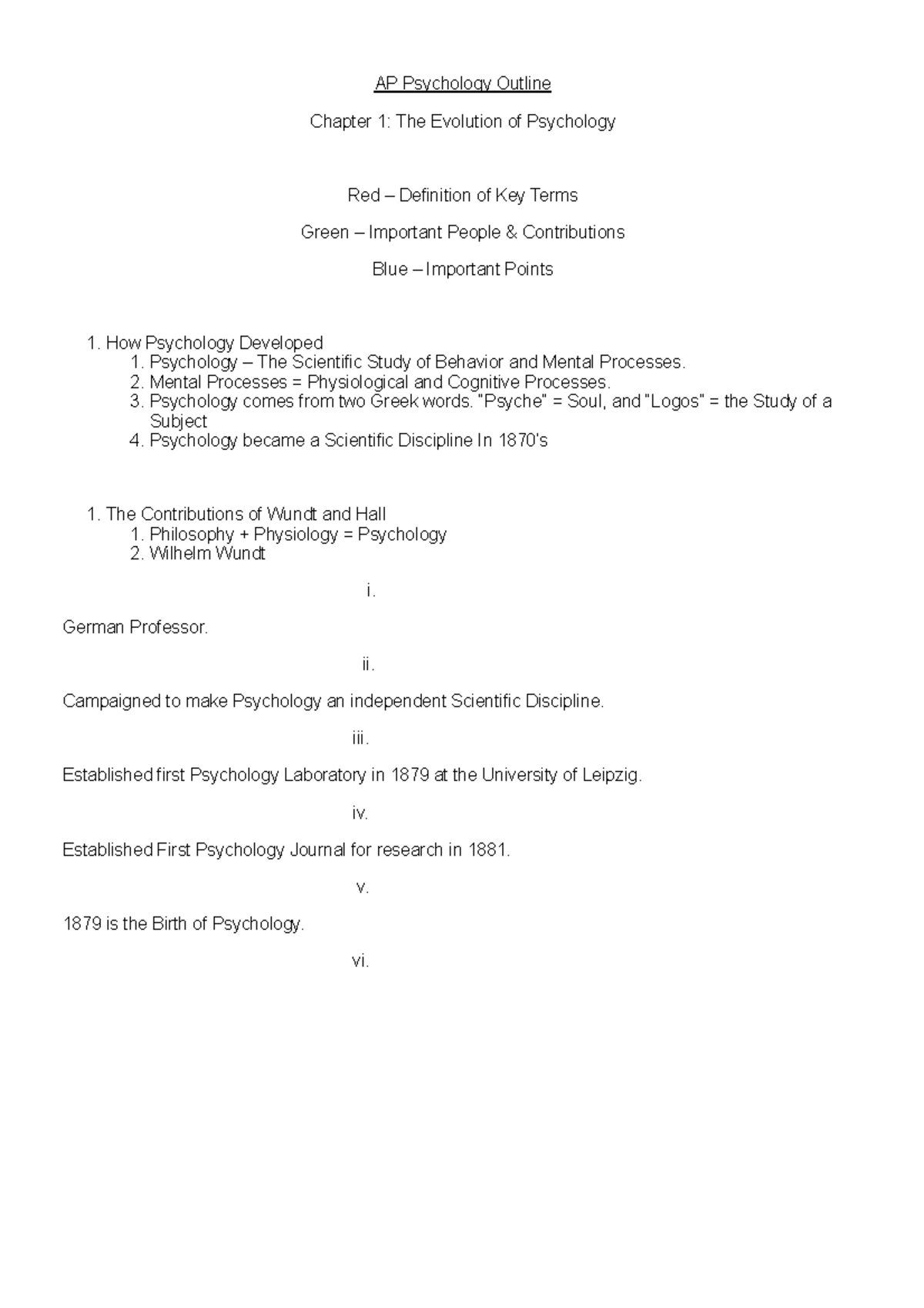 Chapter 01 - The Evolution of Psychology - AP Psychology Outline ...