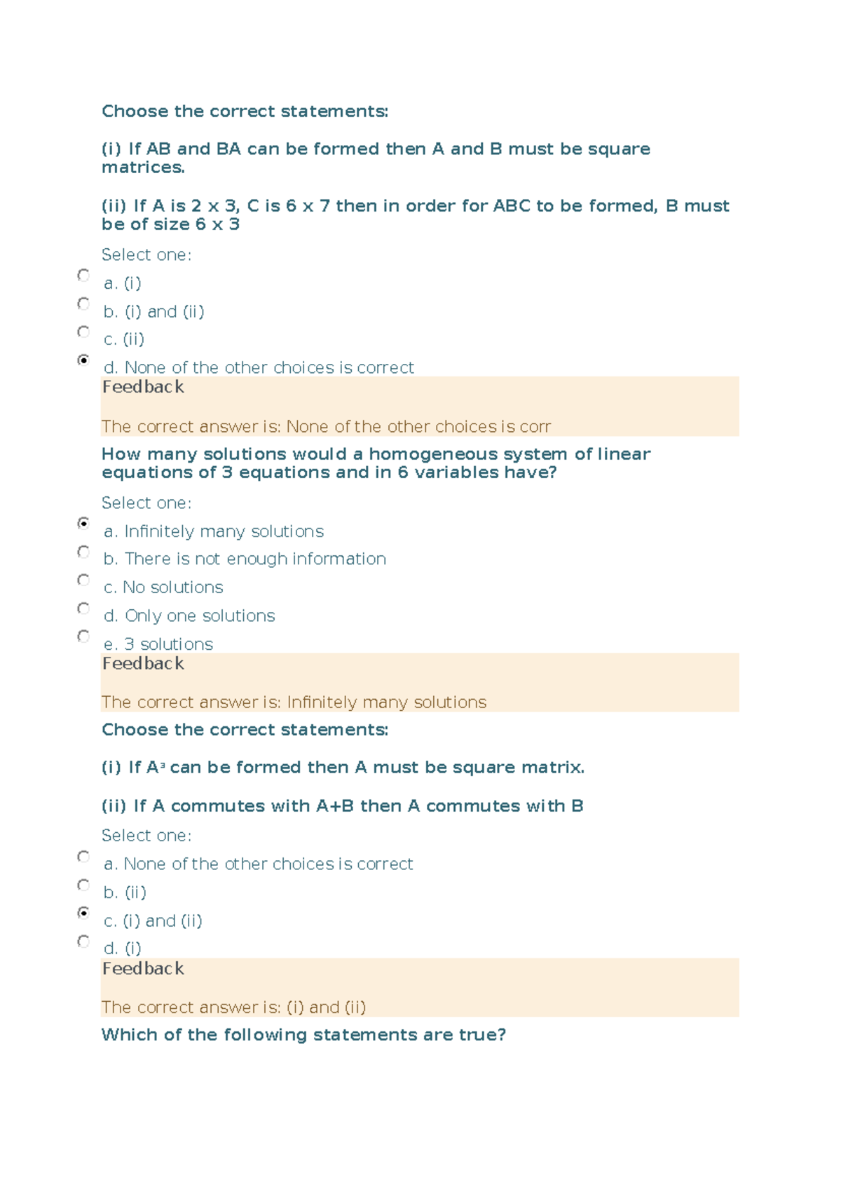 Pt2mae101 - 21321 - Choose the correct statements: (i) If AB and BA can ...