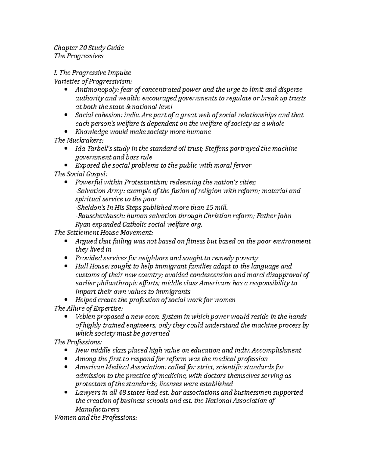 Chapter 20 study guide - Chapter 20 Study Guide The Progressives I. The ...