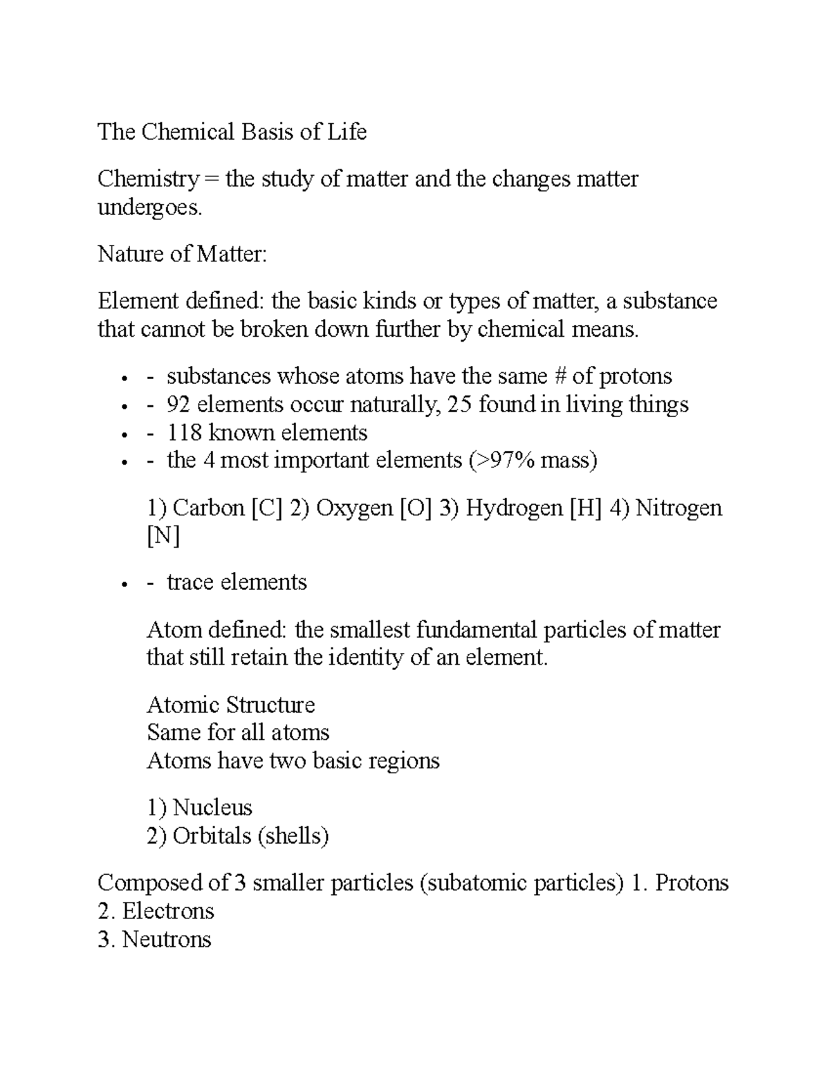 Bio 2 - Lecture notes 10-21 - The Chemical Basis of Life Chemistry ...