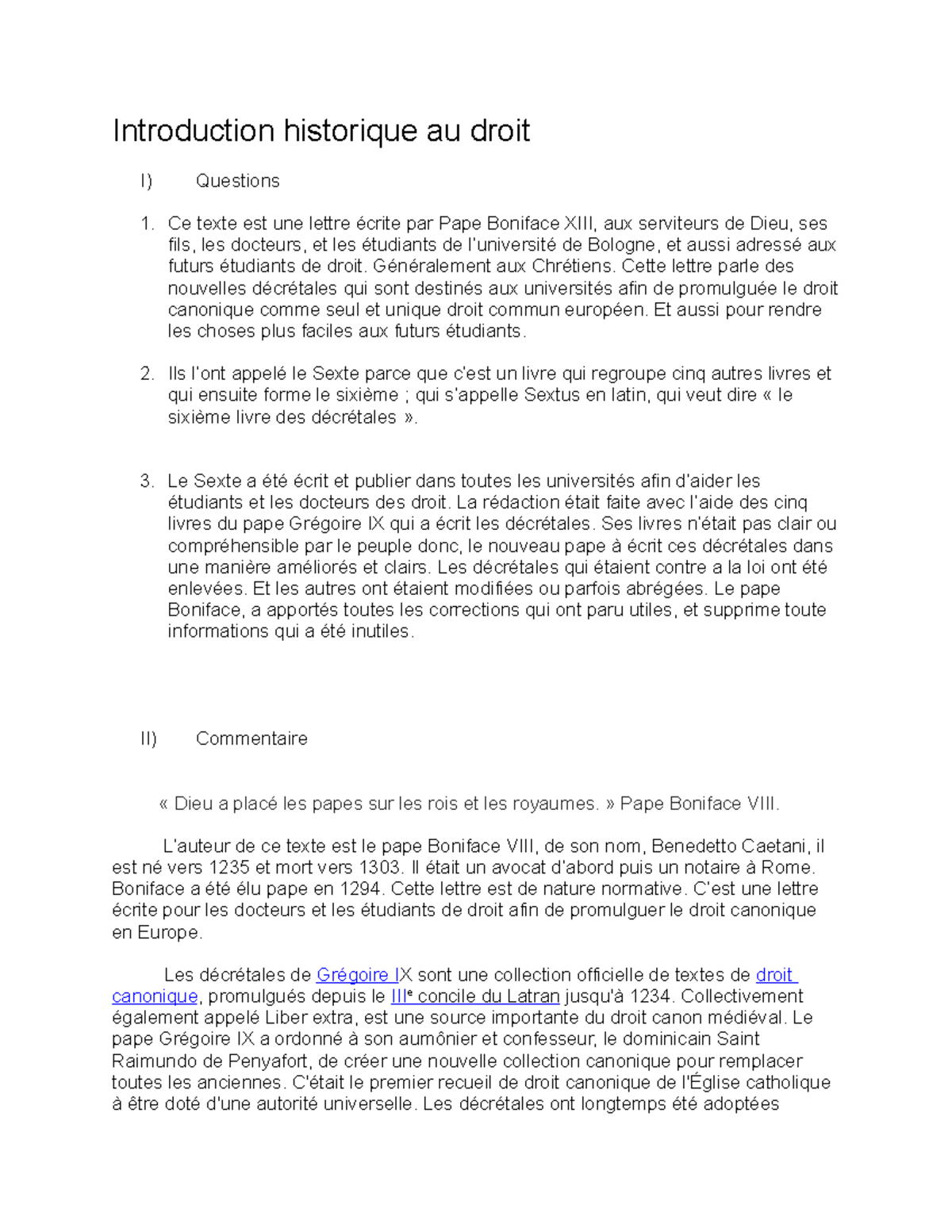Intro historique - examen - Introduction historique au droit I) Questions Ce texte est une ...