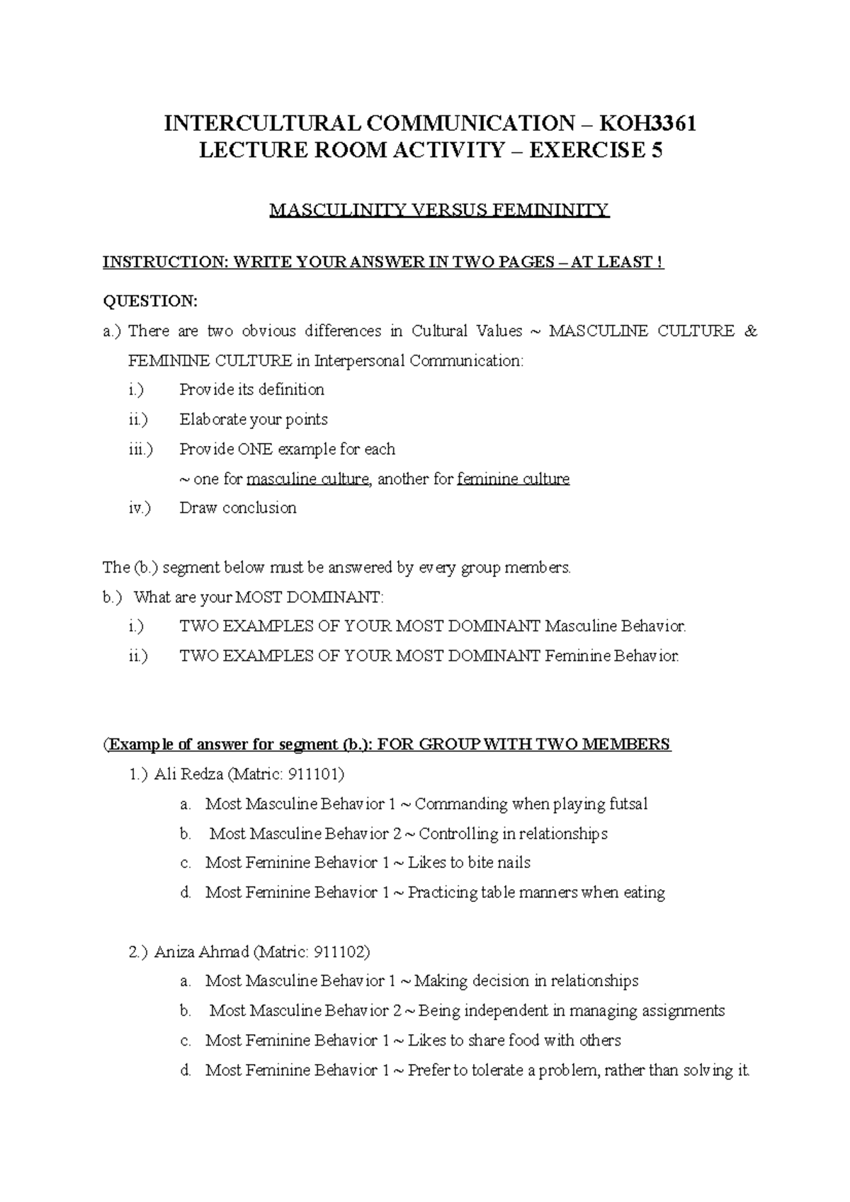 KOH3361 - Exercises 5 pdf - INTERCULTURAL COMMUNICATION – KOH LECTURE ...