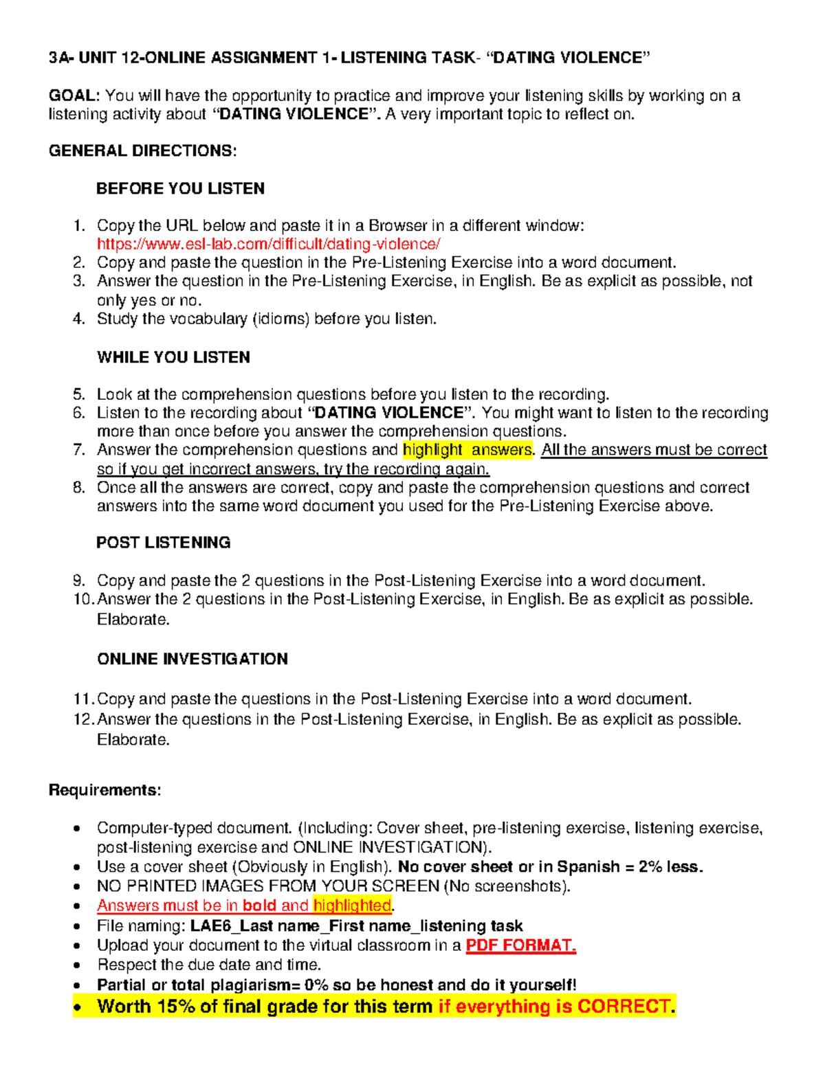3A- UNIT 12- Online Assignment 1- Listening TASK- “ Dating Violence ...