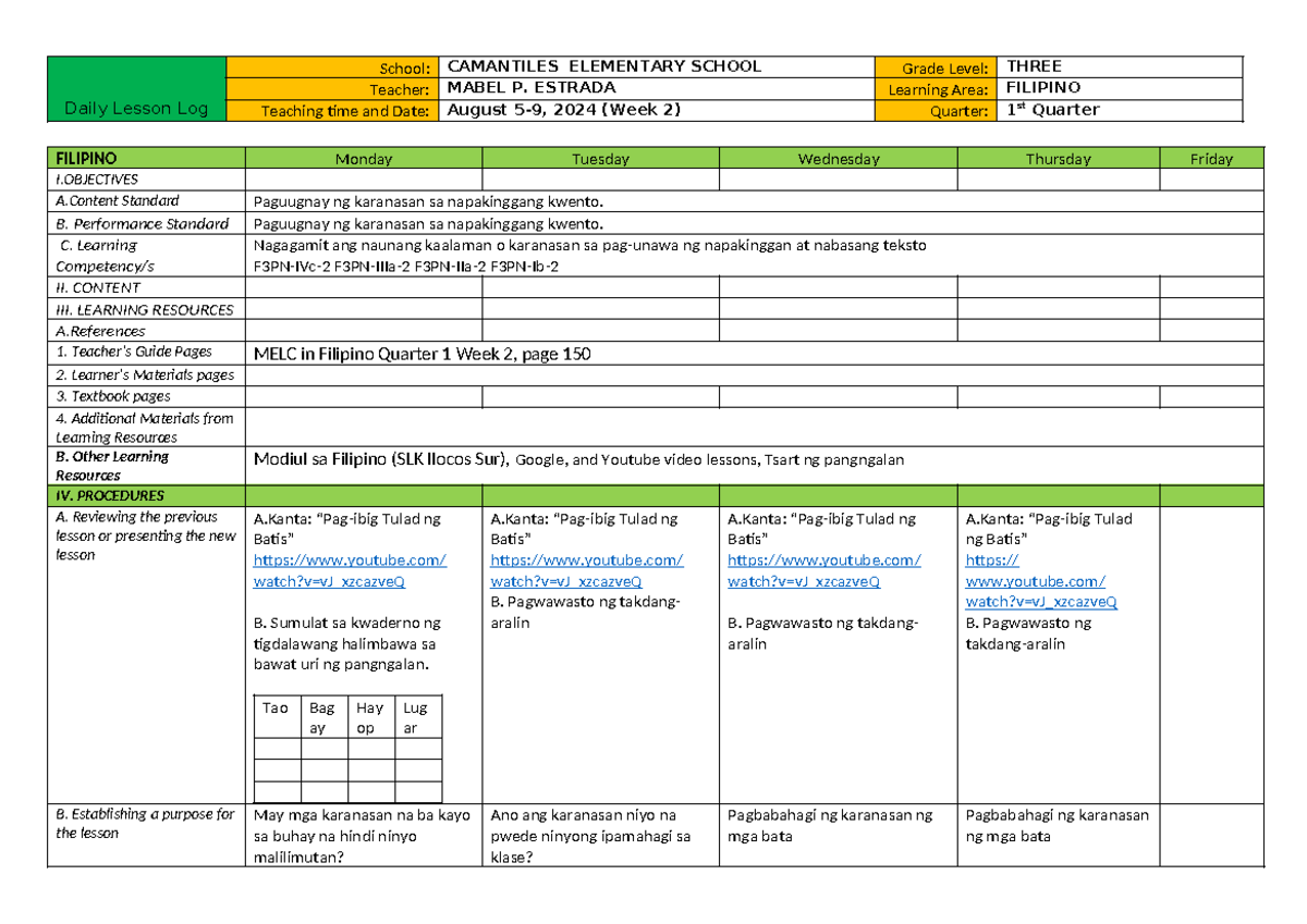 WK 2 Filipino Q 1 - first quarter - Daily Lesson Log School: CAMANTILES ...