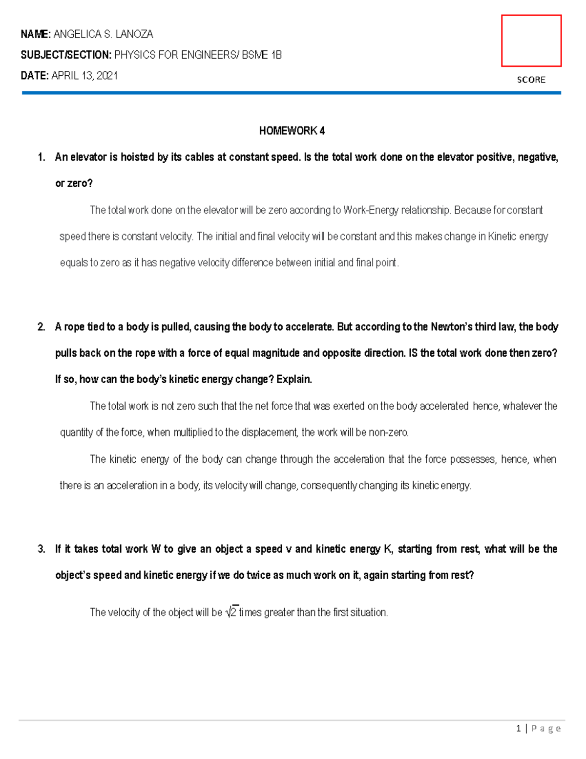 Homework 4 in Physics - College Physics 1 - PangSU - Studocu