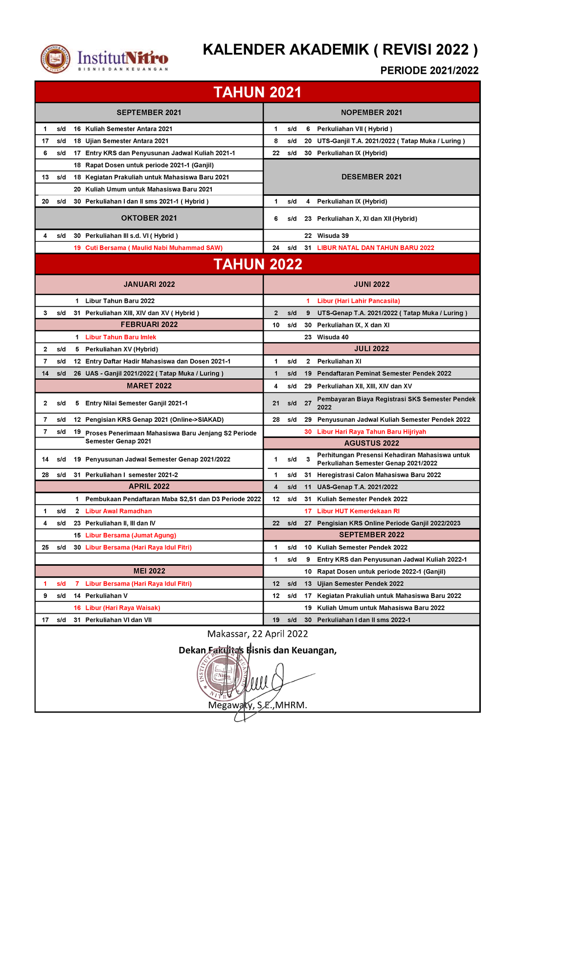 Kalender Akademik 2021 2022 revisi April 2022-signed - 1 s/d 16 Kuliah ...