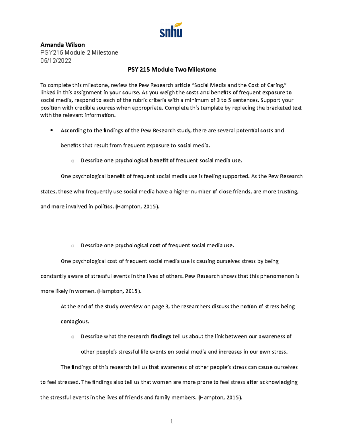 PSY 215 Module Two Milestone - Amanda Wilson PSY215 Module 2 Milestone ...