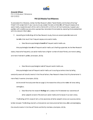 PSY 215 Module Five Milestone - Amanda Wilson PSY215 Module 5 Milestone 06/03/2022 PSY 215 ...