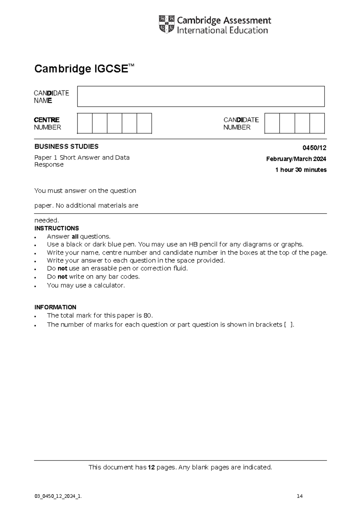 0450 m24 qp 12 - IGcse - Cambridge IGCSE ™ BUSINESS STUDIES Paper 1 ...